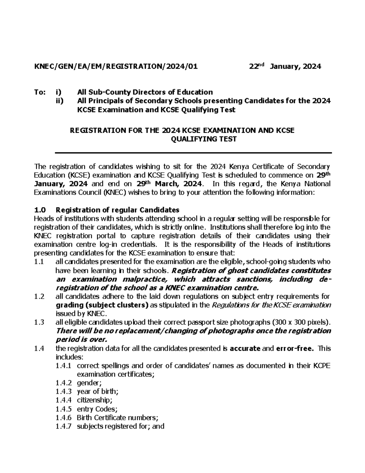 2024 KCSE & QT Registration Circular - KNEC/GEN/EA/EM/REGISTRATION/2024 ...