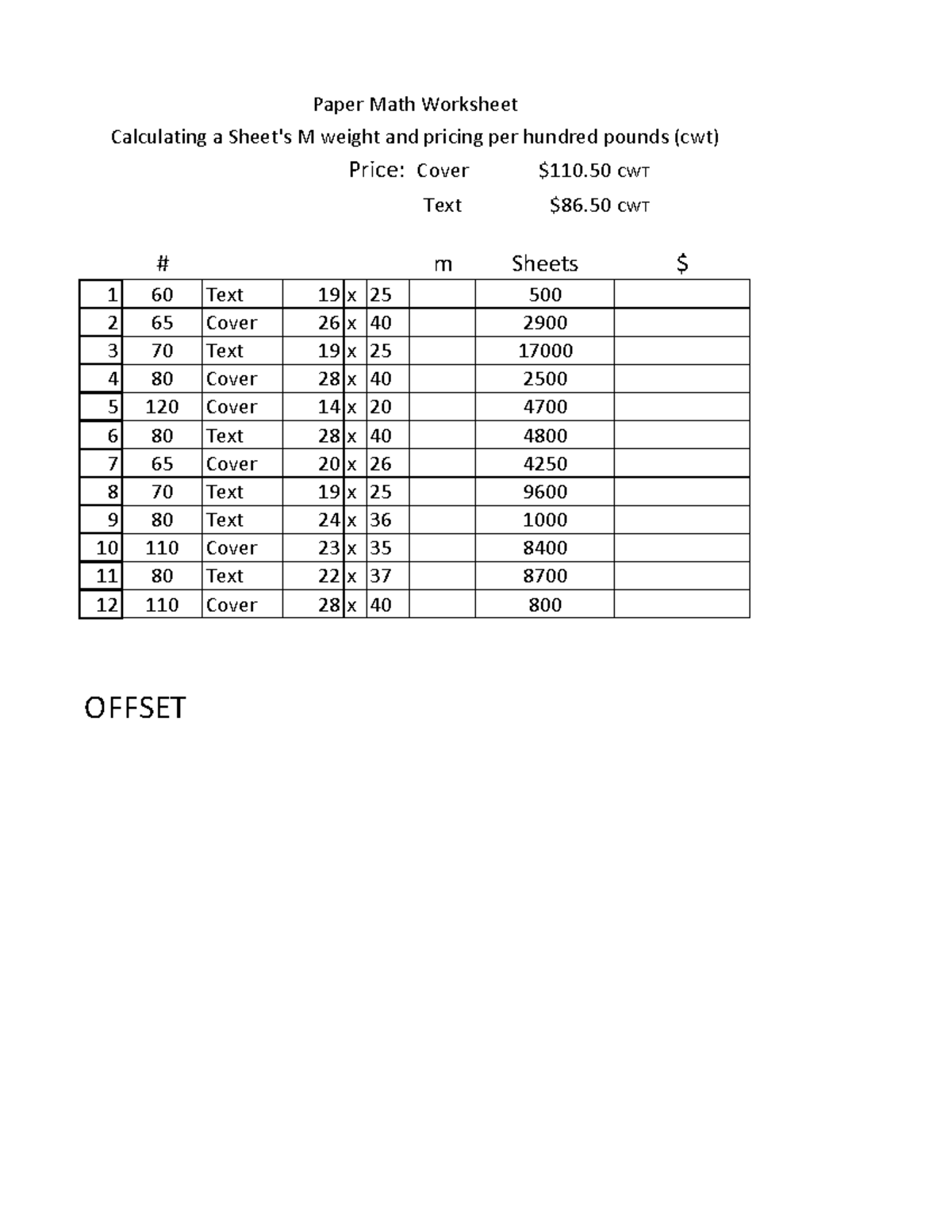 Paper Math Questions Groups Offset - Cover $110 CWT Text $86 CWT # m ...