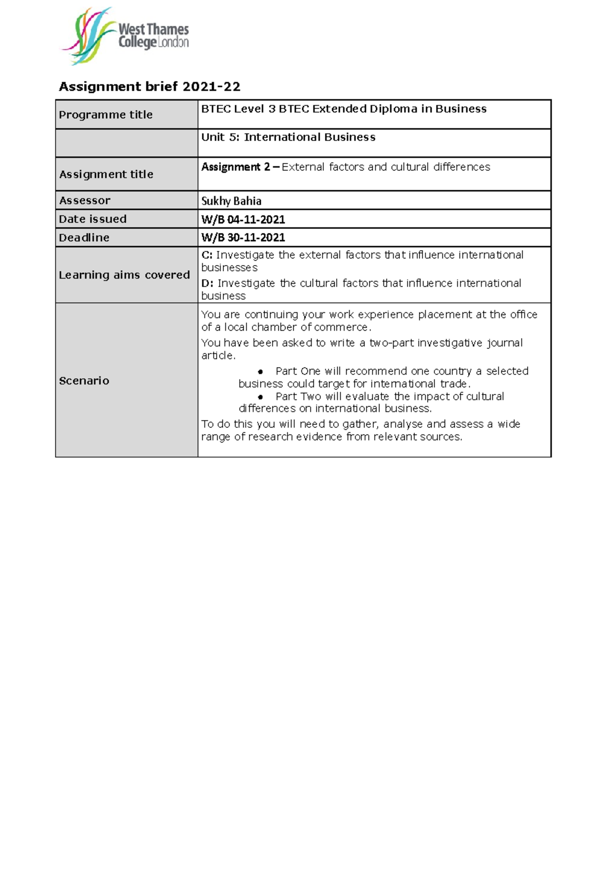 Unit 5- International Business 2cd - Assignment brief 2021- Programme ...