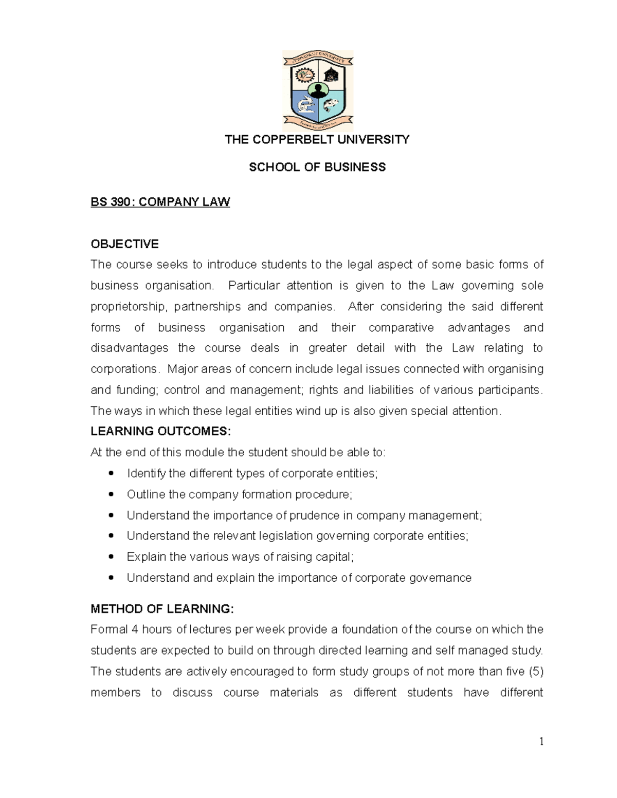 Company LAW Course Outline - THE COPPERBELT UNIVERSITY SCHOOL OF ...