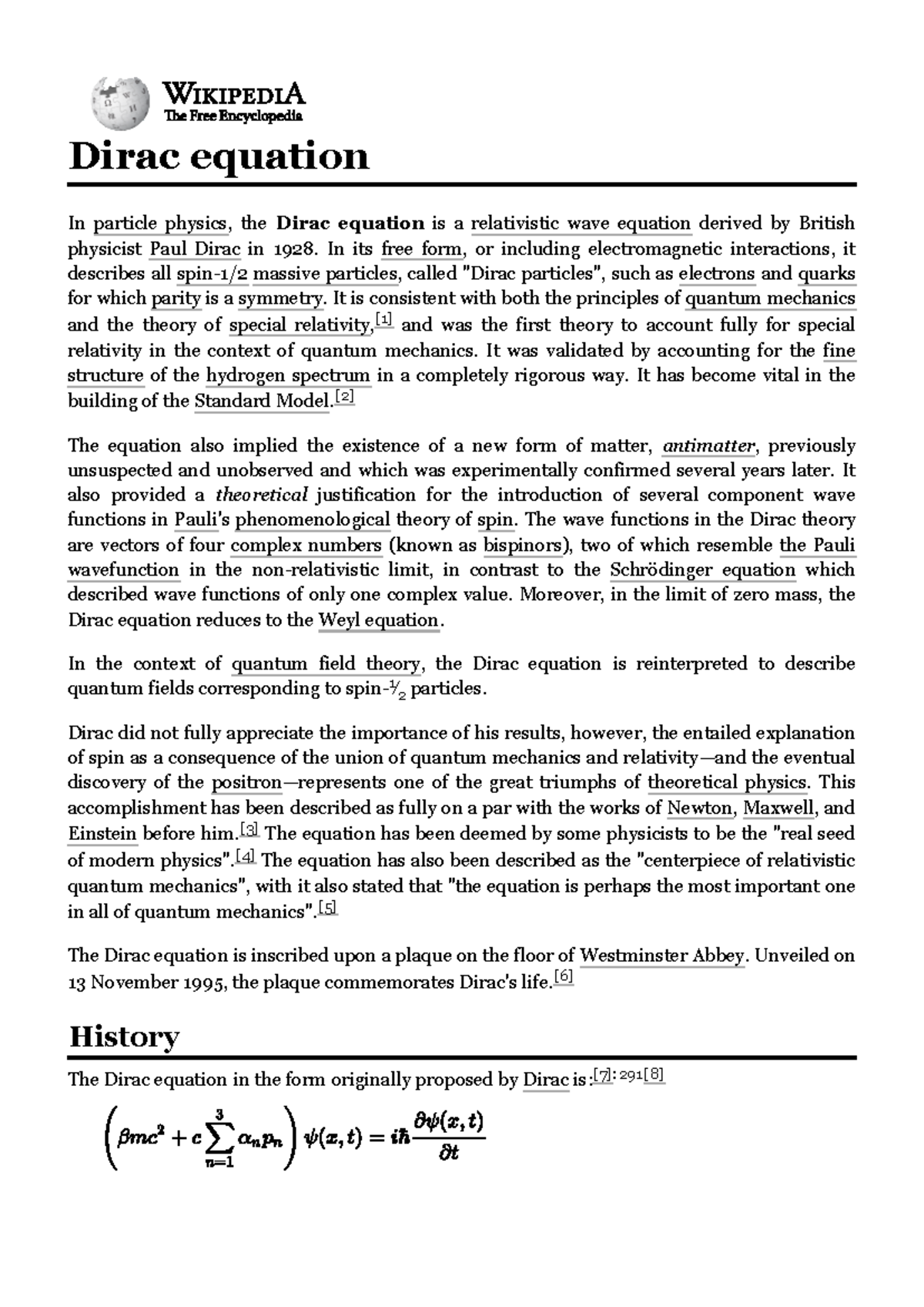 Dirac equation - Wikipedia - Dirac equation In particle physics, the ...