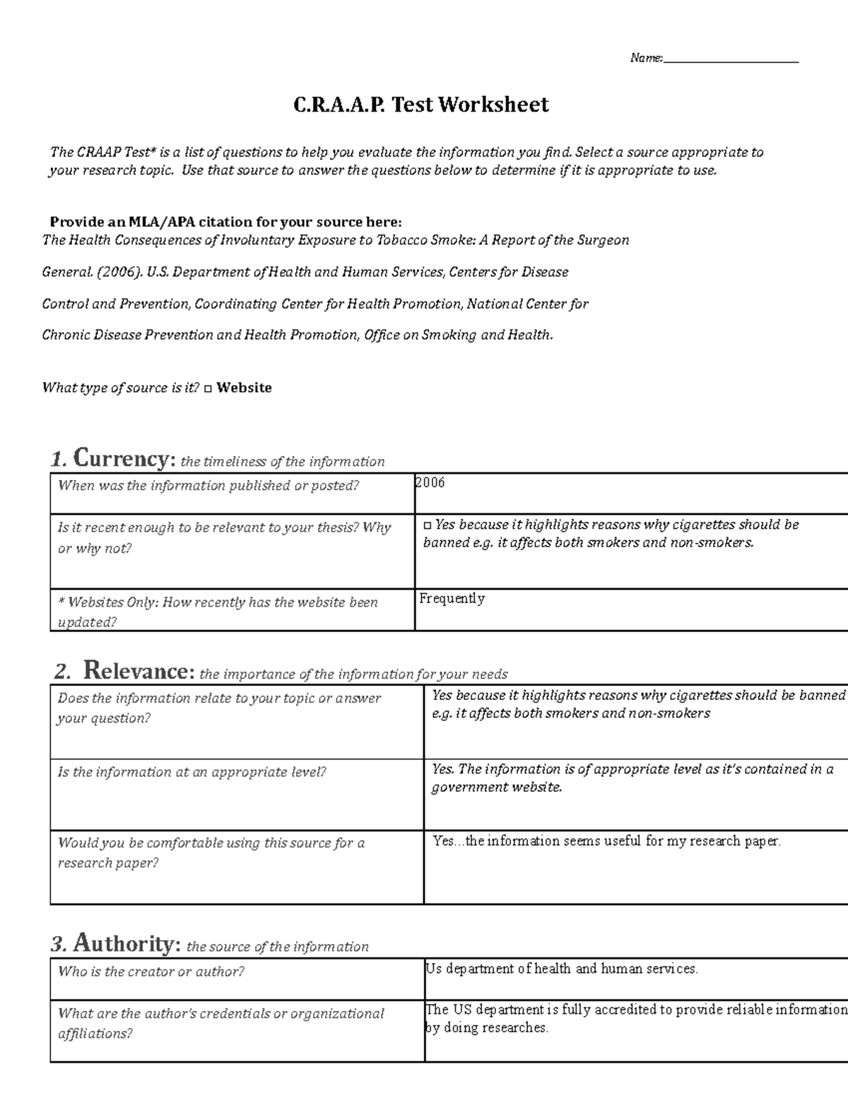Craaptestworksheet Name C R A A Test Worksheet The Craap Test Is A