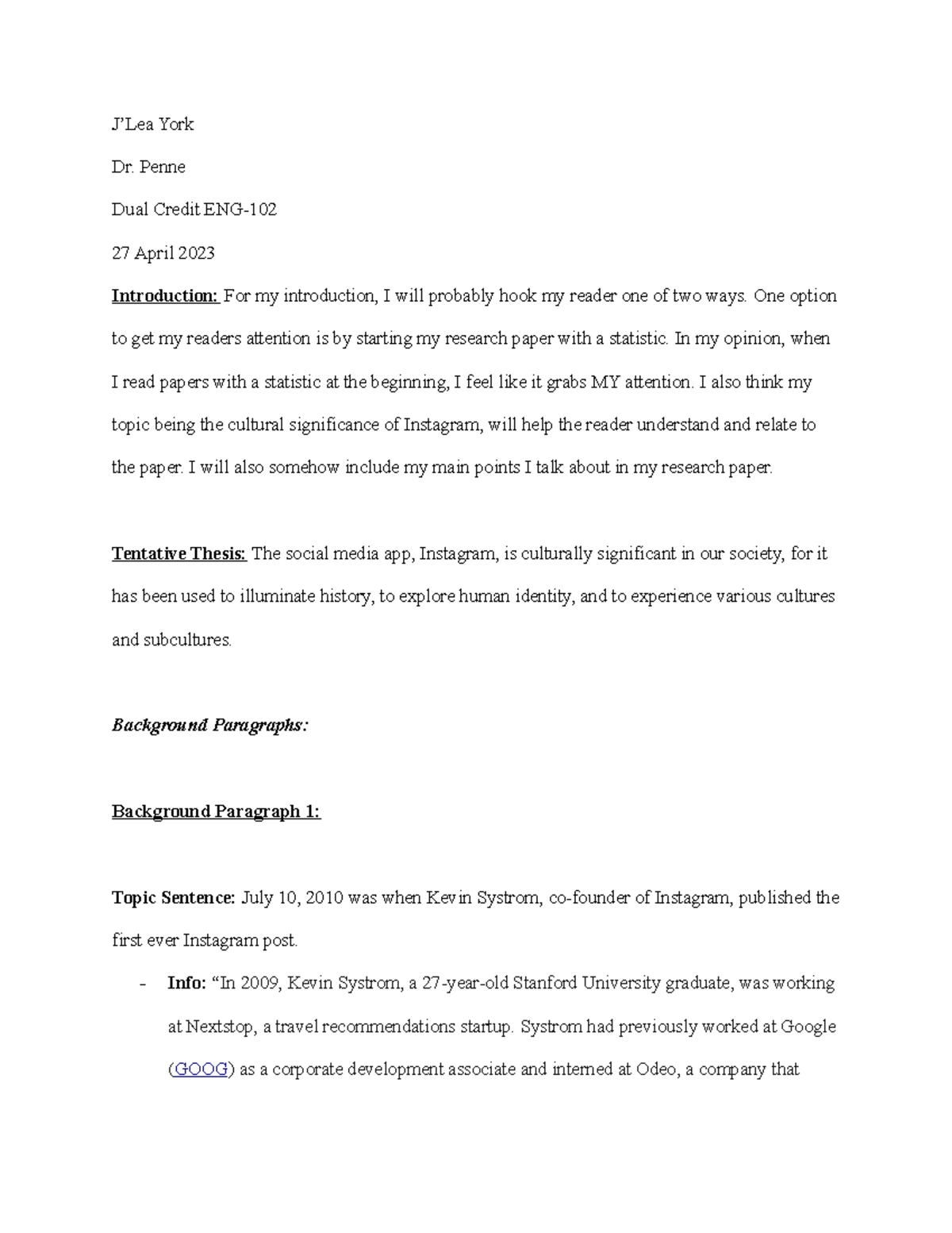 ENG-102 Research Paper Draft - J’Lea York Dr. Penne Dual Credit ENG- 27 ...