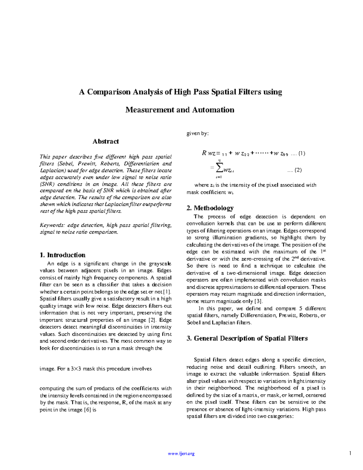 A Comparison Analysis Of High Pass Spatial Filters Using A Comparison Analysis Of High Pass