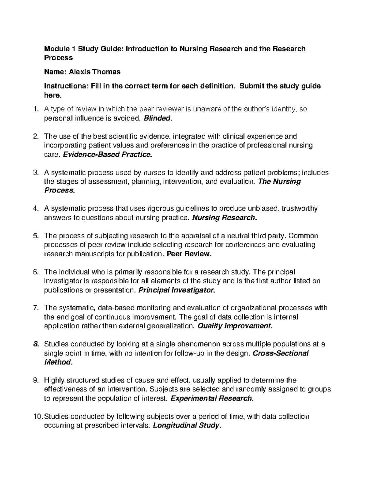 Module 1 Study Guide - A Thomas - Module 1 Study Guide: Introduction to Nursing Research and the ...