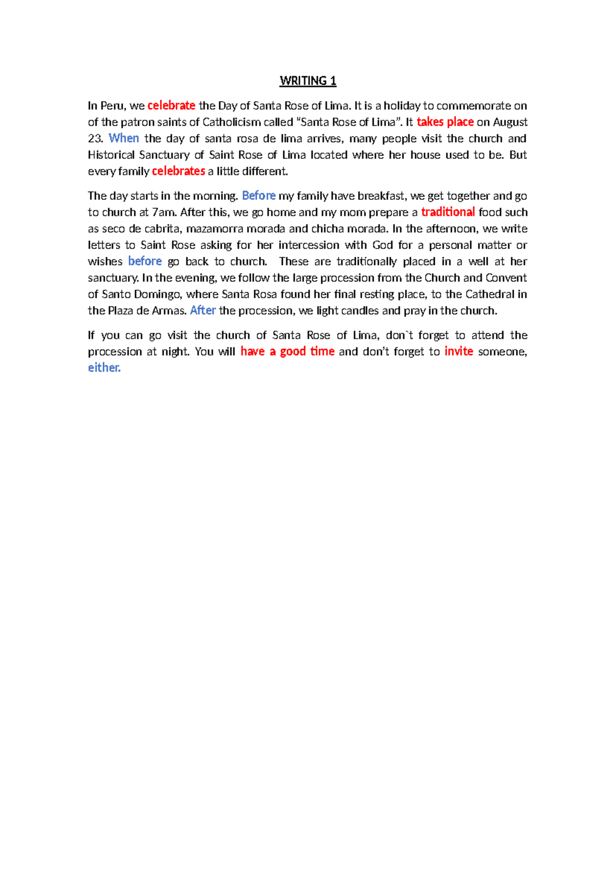 Writing 1 - WRITING 1 In Peru, we celebrate the Day of Santa Rose of ...