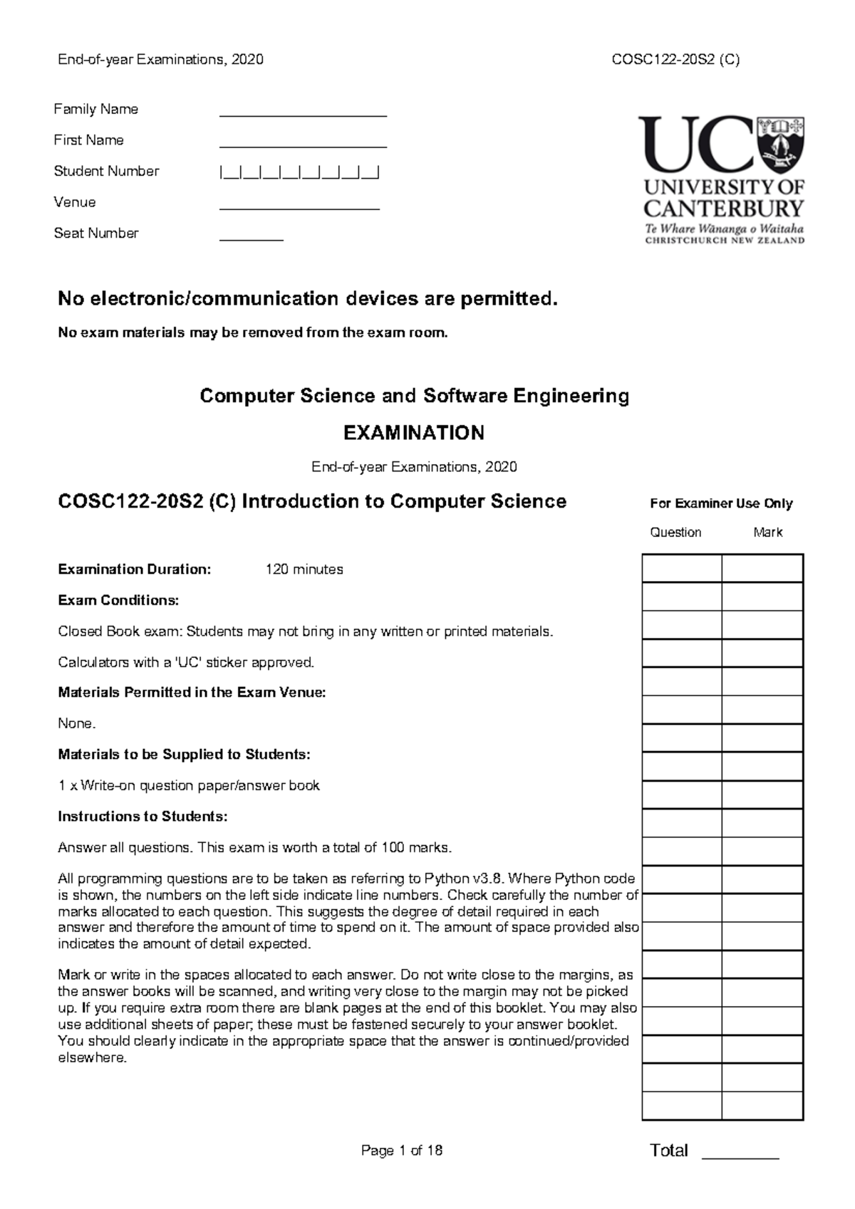 Cosc122 exam 2020 - End-of-year Examinations, 2020 COSC122-20S2 (C ...