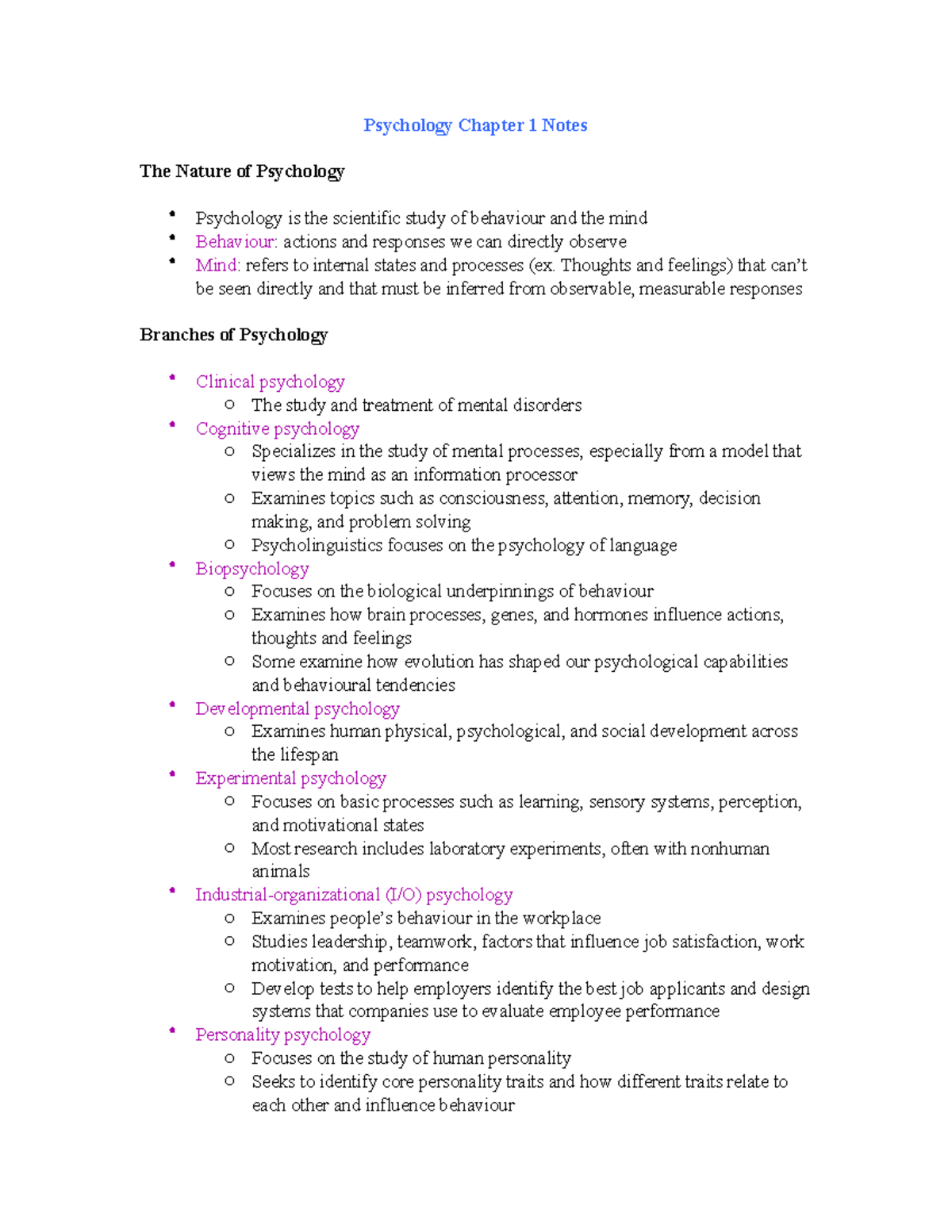 Psychology Chapter 1 Notes - Psychology Chapter 1 Notes The Nature of ...