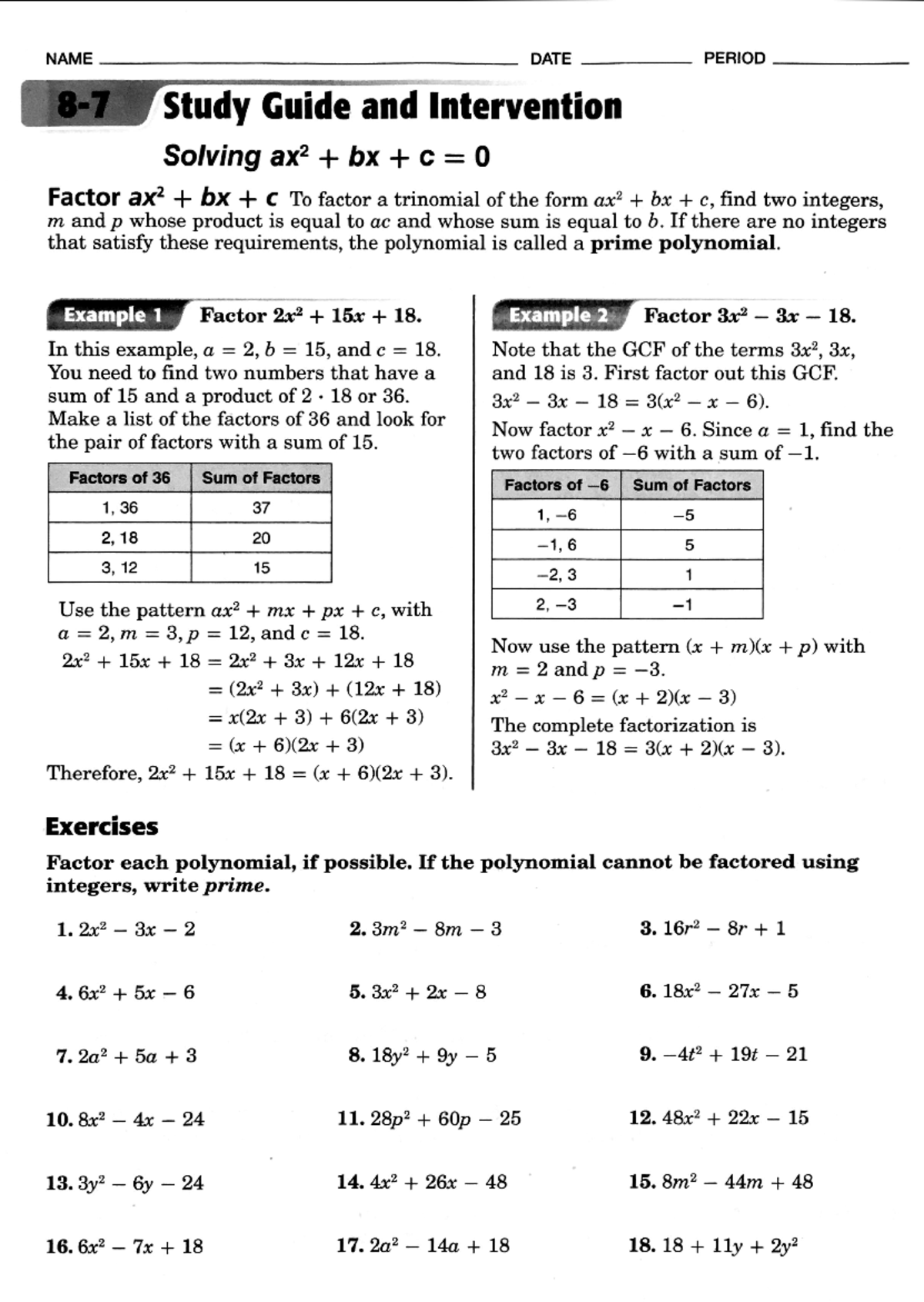 7.7B Factoring Special Quadratics - Use the pattern ax2 + mx + px + c ...