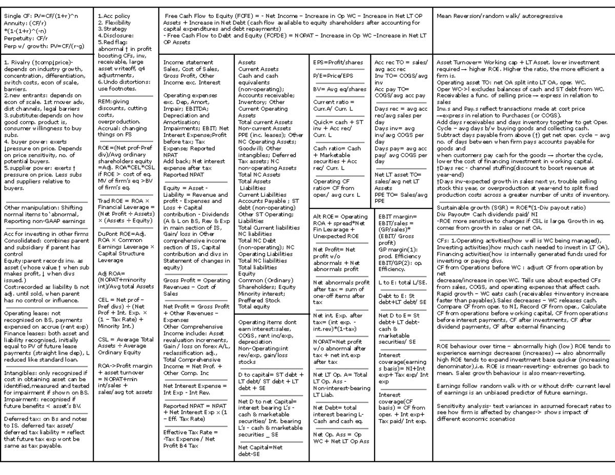 Cheat sheet - Single CF: PV=CF/(1+r)^n Annuity: (CF/r) (1-(1+r)^(-n ...