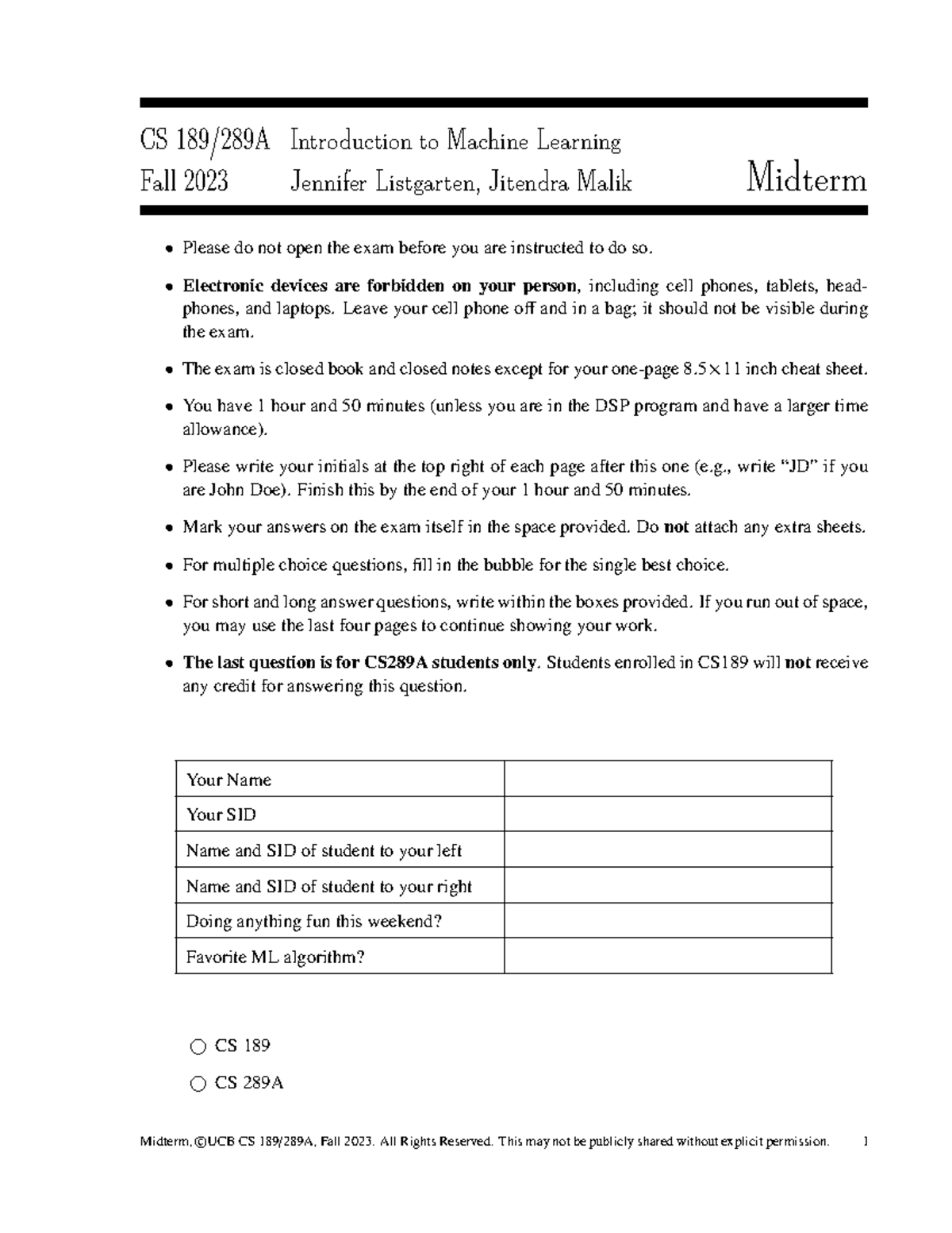 Midf23 - Midterm preparation with solutions - CS 189/289A Introduction ...