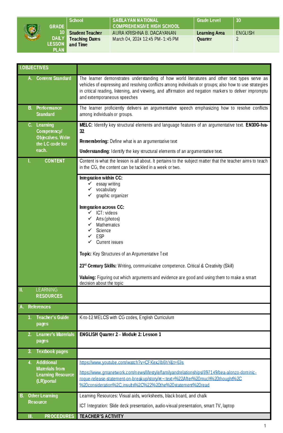 Lesson Plan Argumentative - GRADE 10 DAILY LESSON PLAN School SABLAYAN ...