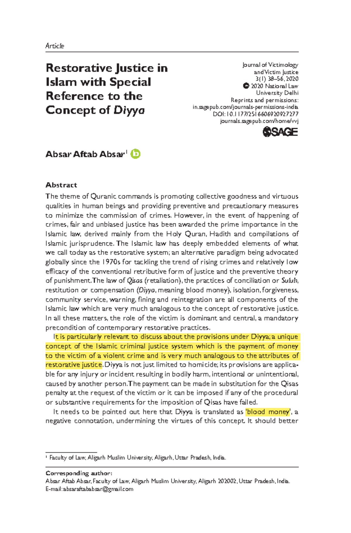 Diyat pdf - Restorative Justice in Islam with Special Reference to the ...