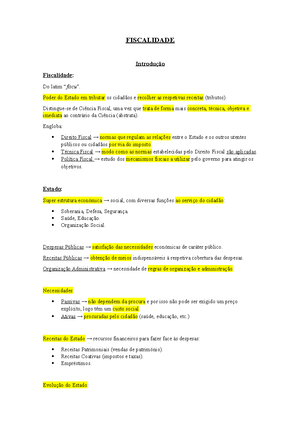 Resumo Fiscalidade - Fiscalidade, Direito Fiscal e o Estado ####### O ...