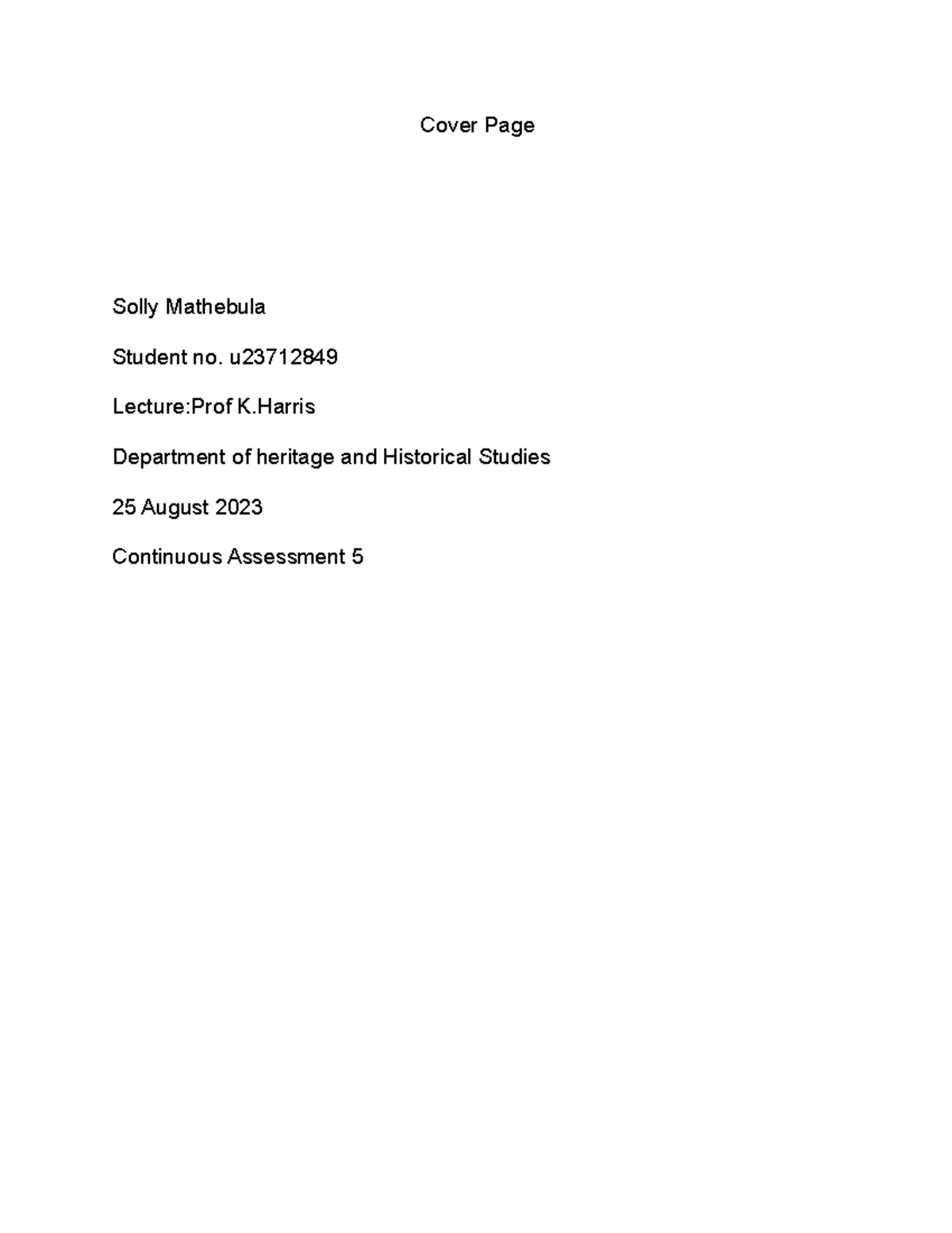 GES 120 Continuos Assesment 5 - Cover Page Solly Mathebula Student no ...