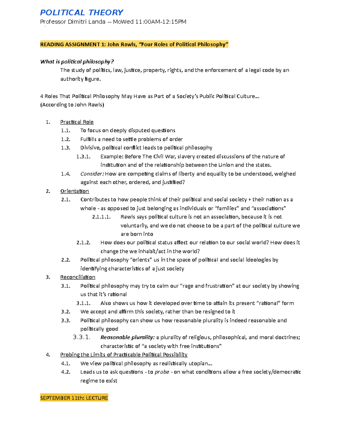 Political Theory Notes - Professor Dimitri Landa - MoWed 11:00AM-12 ...