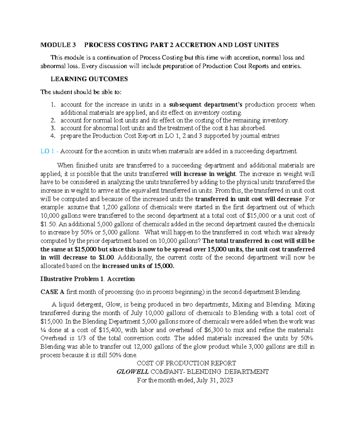Module 3 Part 2 Accretion and Lost units - MODULE 3 PROCESS COSTING ...