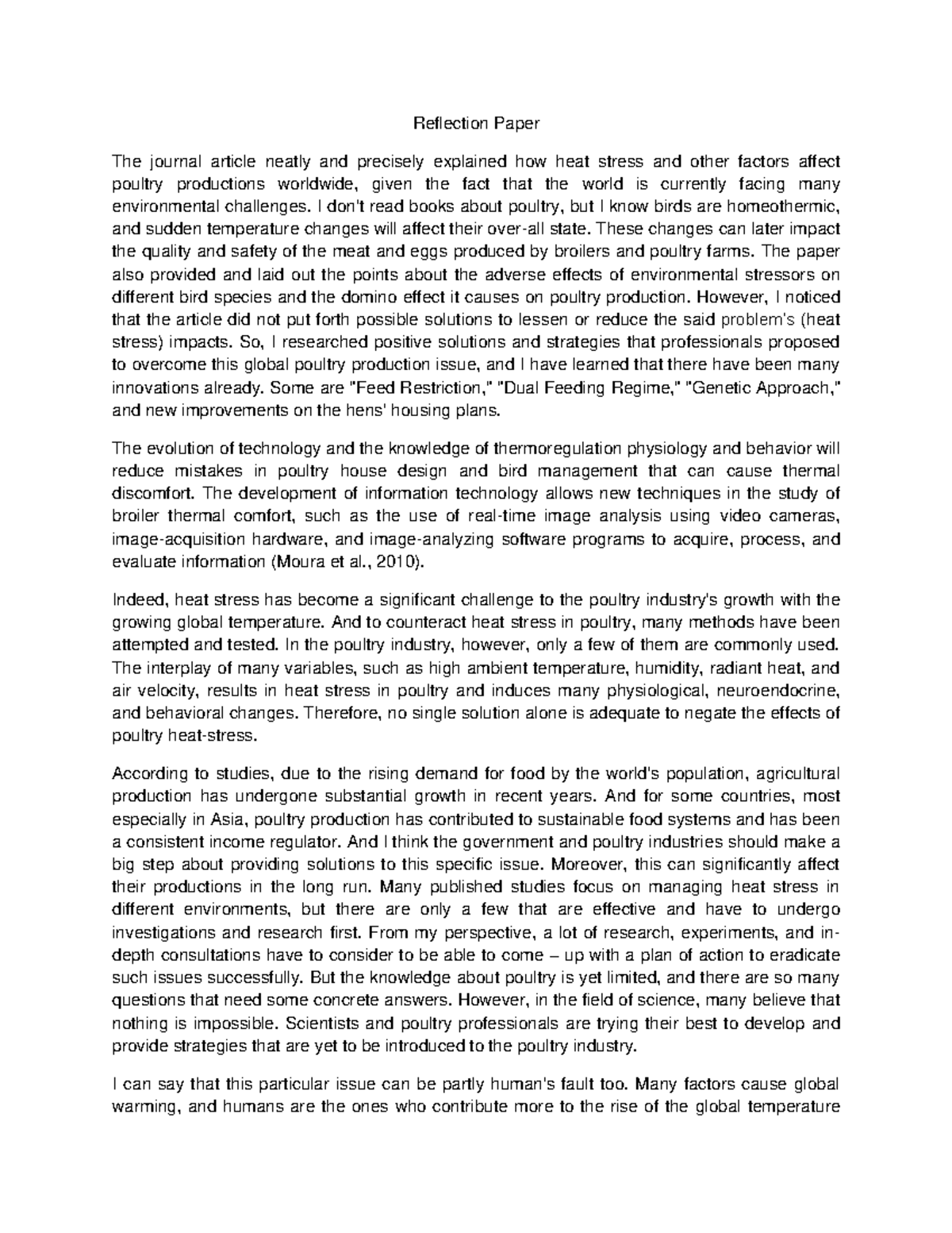 Poultry Production - Reflection Paper The journal article neatly and ...
