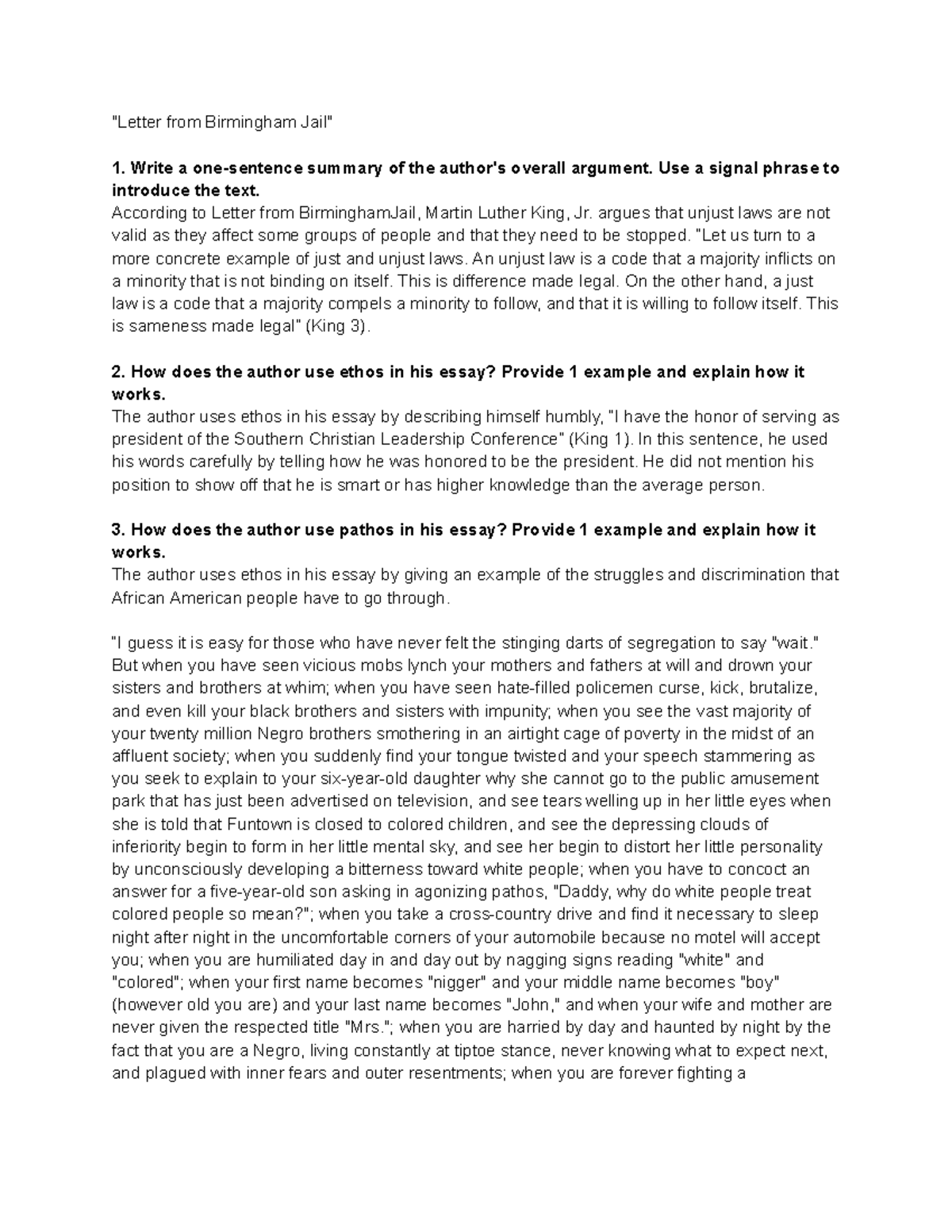 King3 Rhetorical Appeals - "Letter from Birmingham Jail" Write a one ...