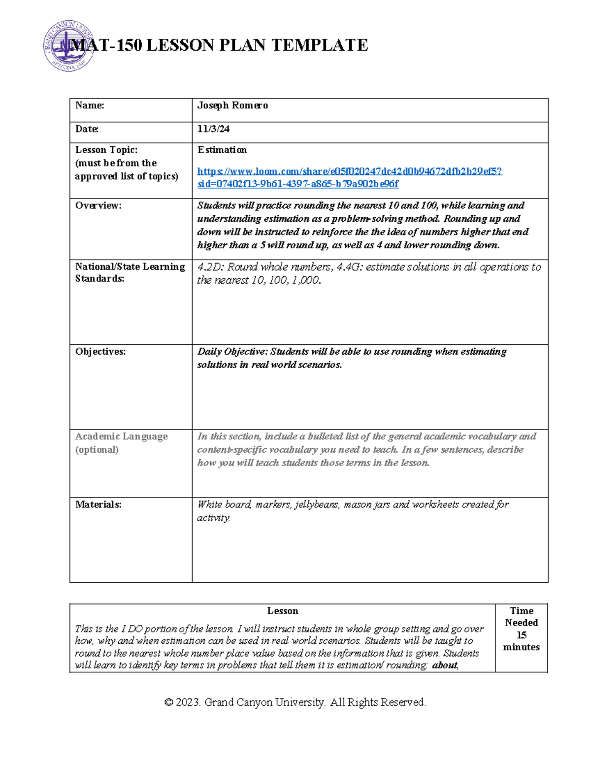 MAT-150 Topic 6 Lesson Plan - MAT-150 LESSON PLAN TEMPLATE Name: Joseph ...