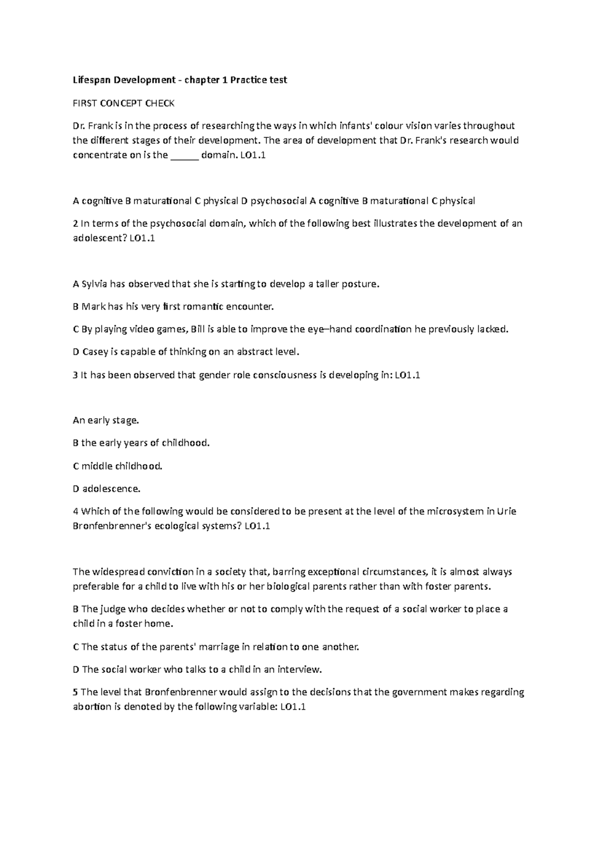 Lifespan Development Chapter 1 Practice Test - Lifespan Development ...