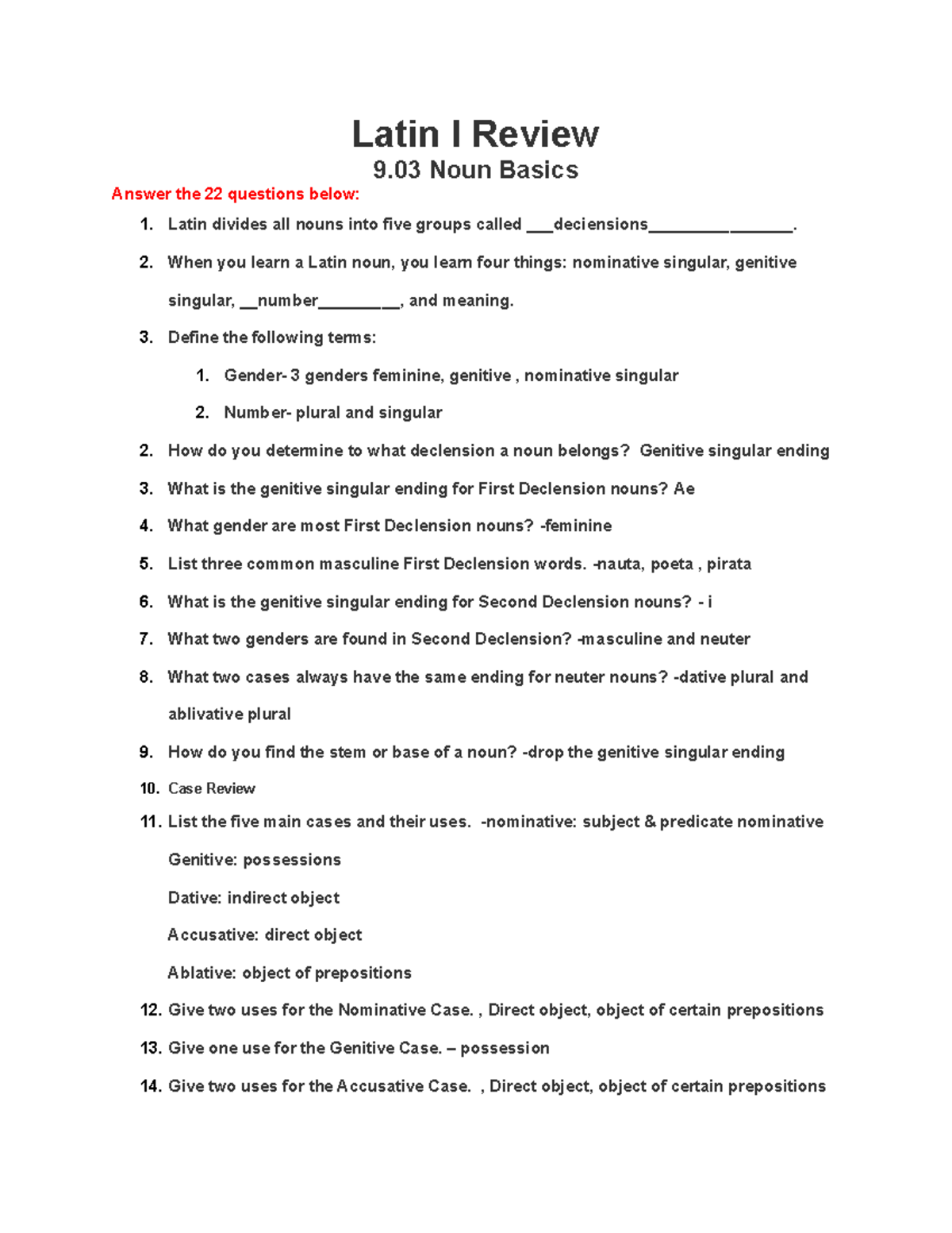 9.03 latin i review - Latin I Review 9 Noun Basics Answer the 22 ...