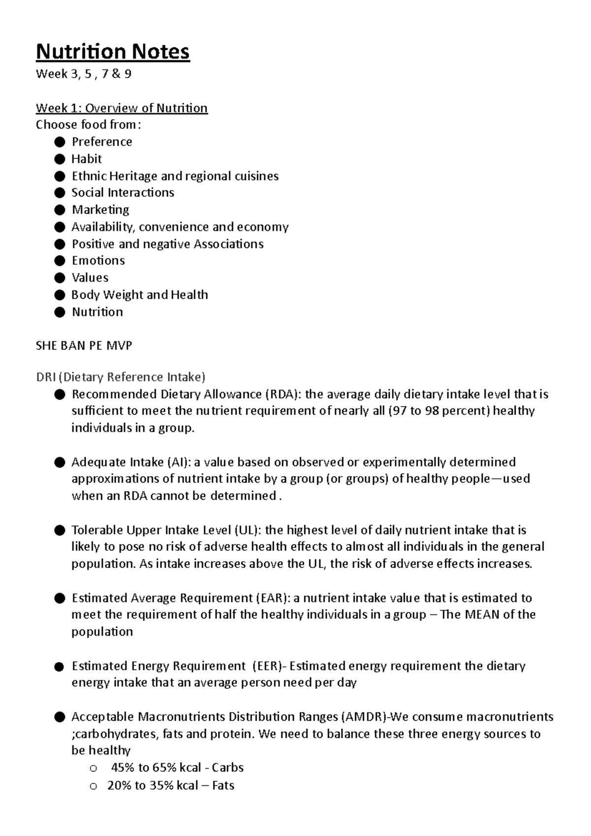 FST1911 Lecture Notes - Nutrition Notes Week 3, 5 , 7 & 9 Week 1 ...