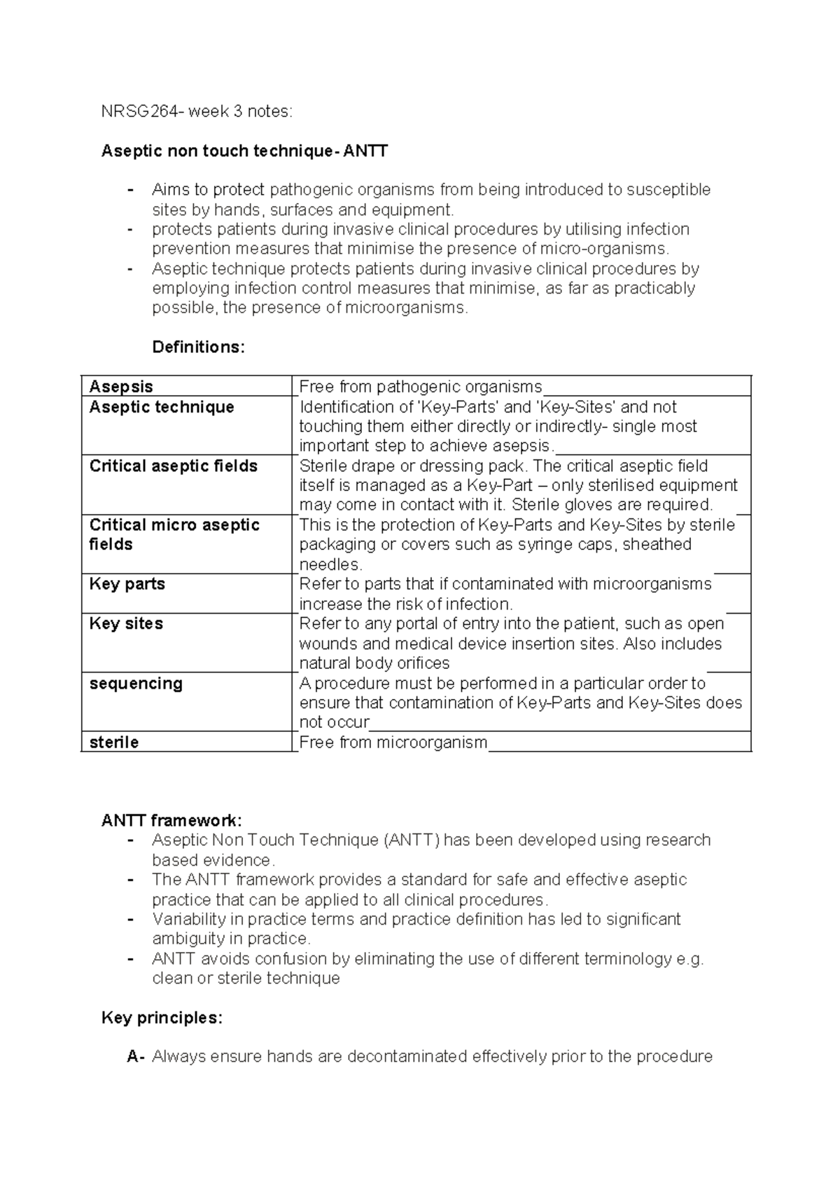 Nrsg264 notes - NRSG264- week 3 notes: Aseptic non touch technique ...