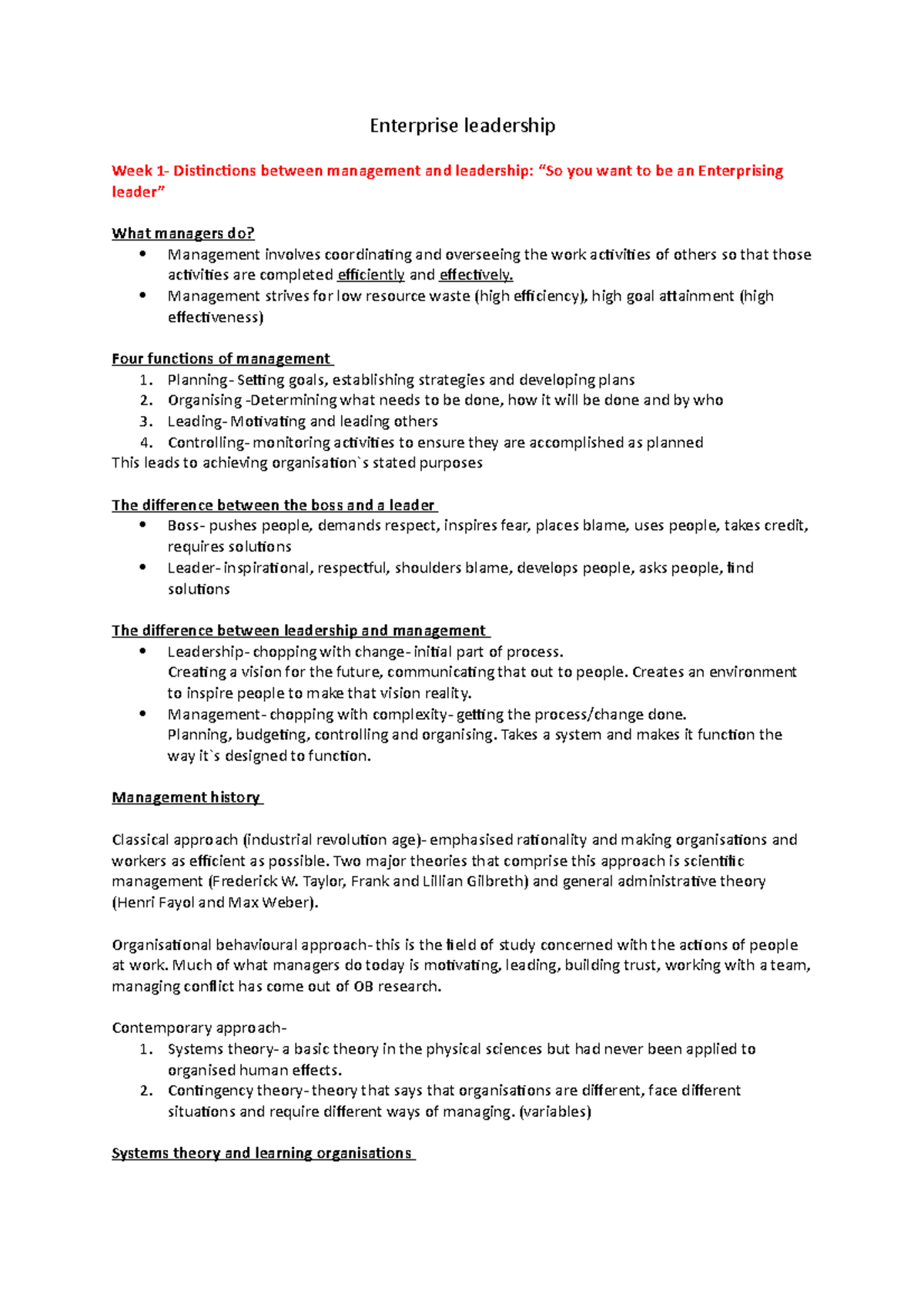 Enterprise leadership Notes- 200912 - Enterprise leadership Week 1 ...