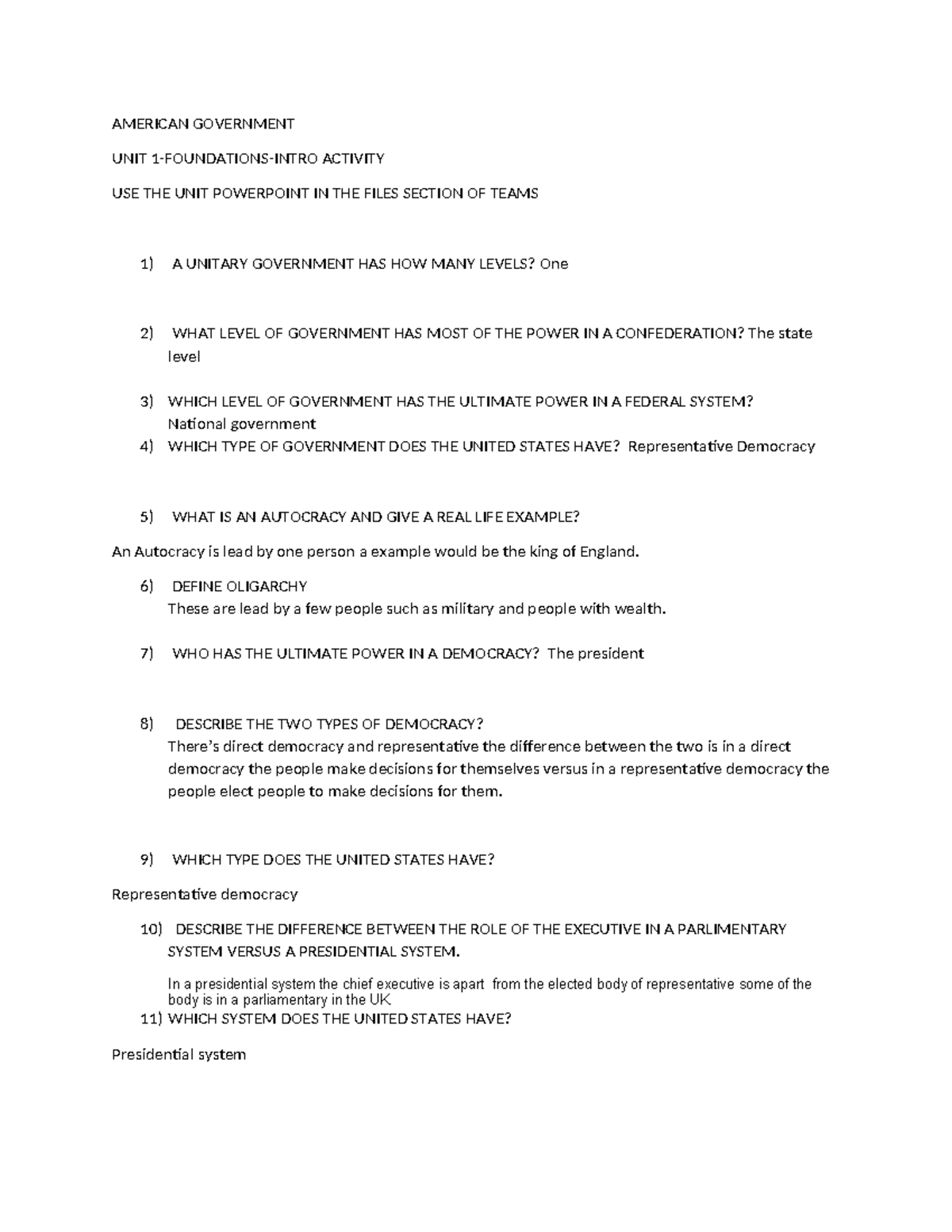 American Government UNIT 1 Questions copy - AMERICAN GOVERNMENT UNIT 1 ...