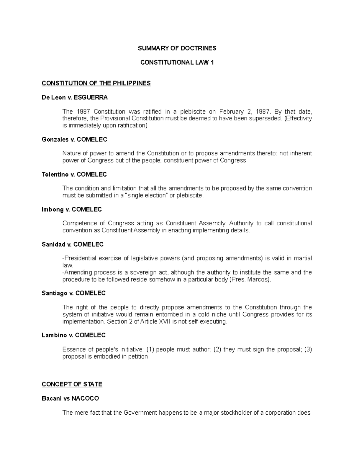 Summary OF Doctrines Constitutional LAW - SUMMARY OF DOCTRINES ...