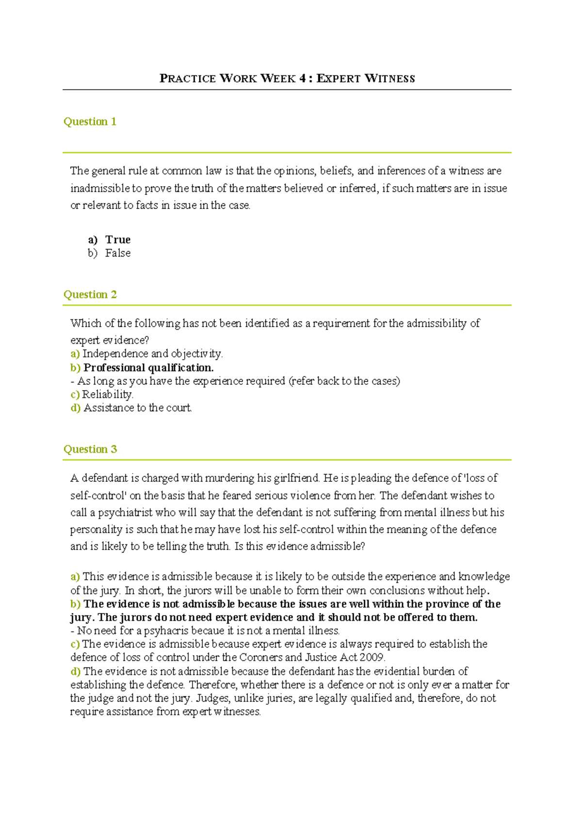 CW-MCQs - Tutorial work - PRACTICE WORK WEEK 4 : EXPERT WITNESS ...