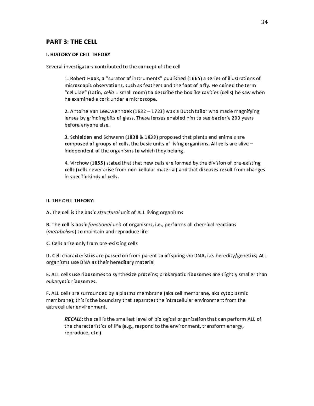 3 the Cell - 3 the Cell - PART 3: THE CELL I. HISTORY OF CELL THEORY ...