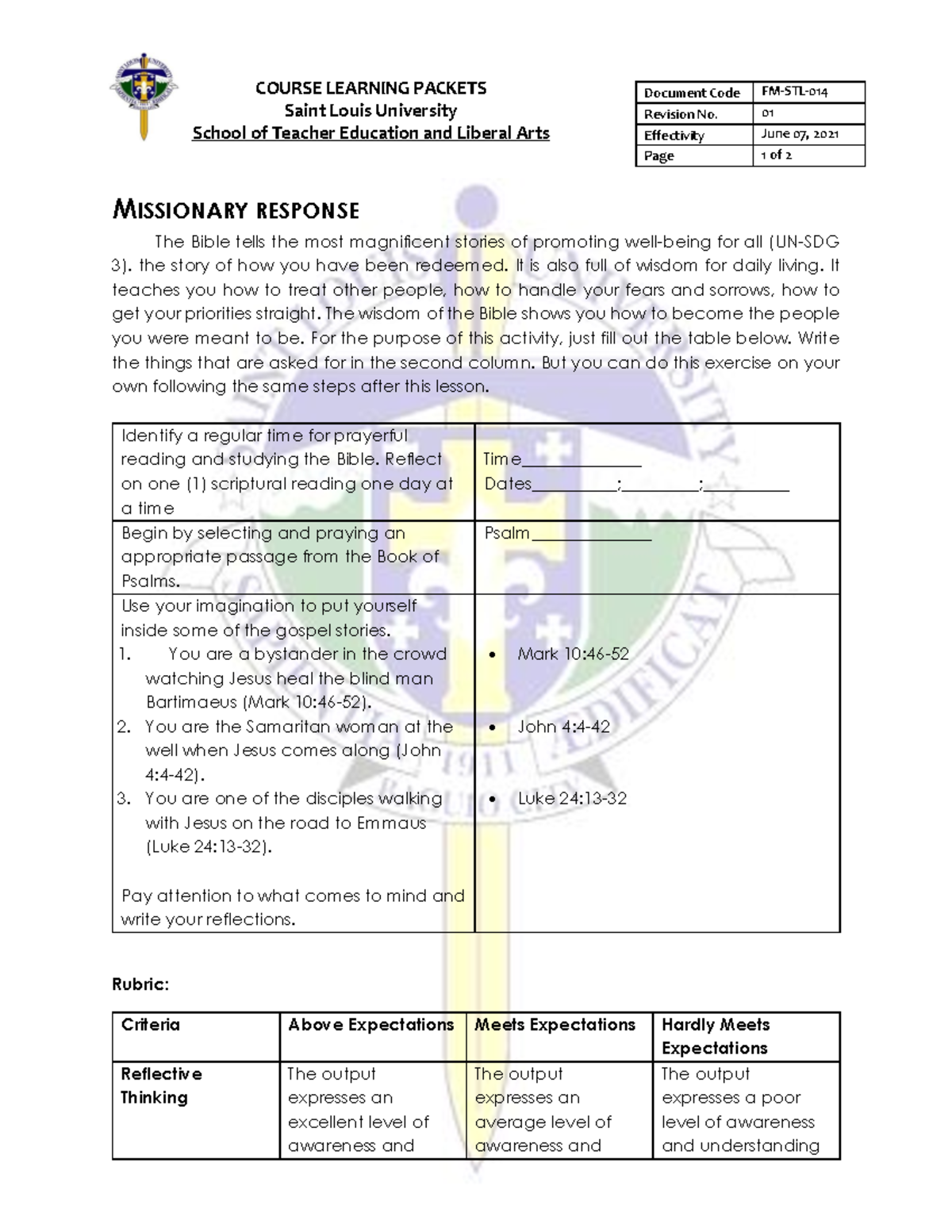 CFE 101 Module 1 MIssionary Response - COURSE LEARNING PACKETS Document Code FM-STL- Revision No ...