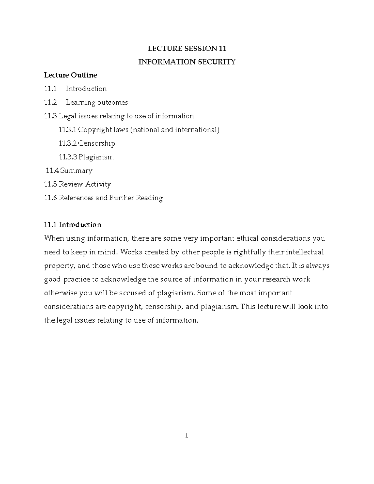 Information Security - LECTURE SESSION 11 INFORMATION SECURITY Lecture Outline 11 Introduction ...