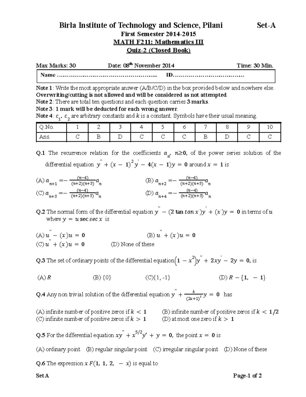 Set-A - question paper - Birla Institute of Technology and Science, Pilani Set-A First Semester ...
