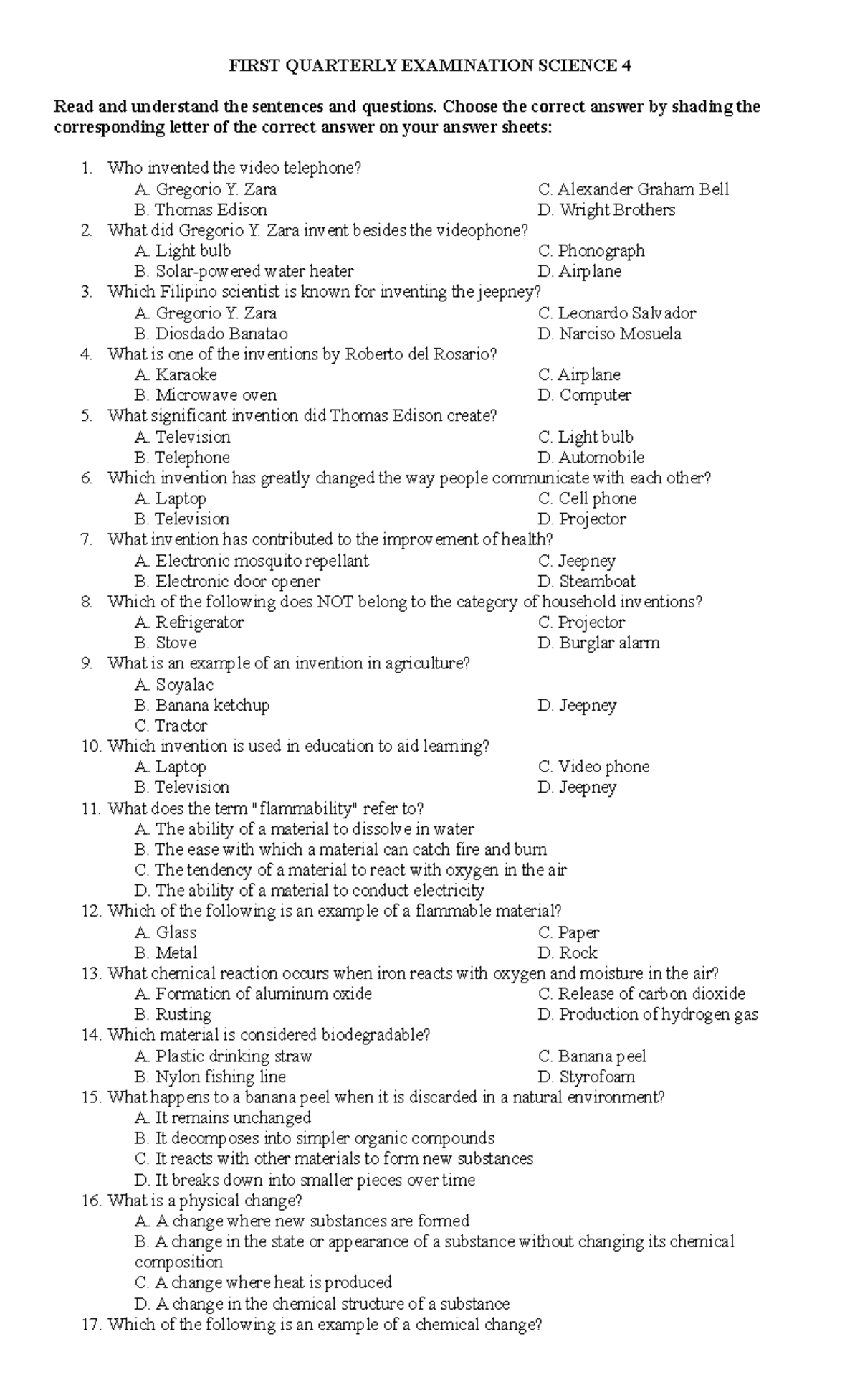 First Quarterly Examination Science 4 - FIRST QUARTERLY EXAMINATION ...