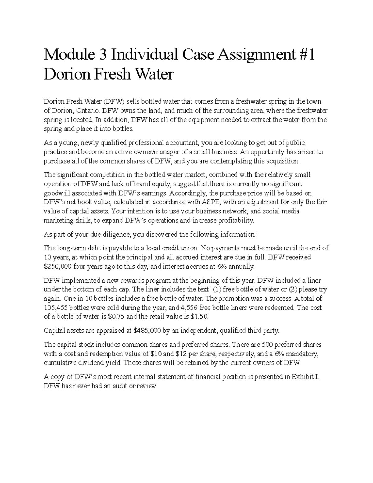 Module 3 Individual Case Assignment 1 - Dorion Fresh Water - Module 3 ...