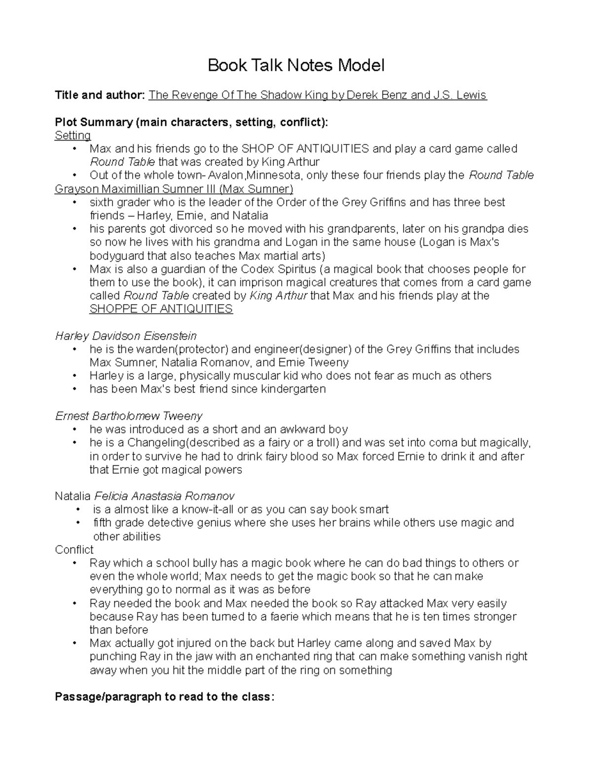 Book Talk Notes and Model - Book Talk Notes Model Title and author: The ...