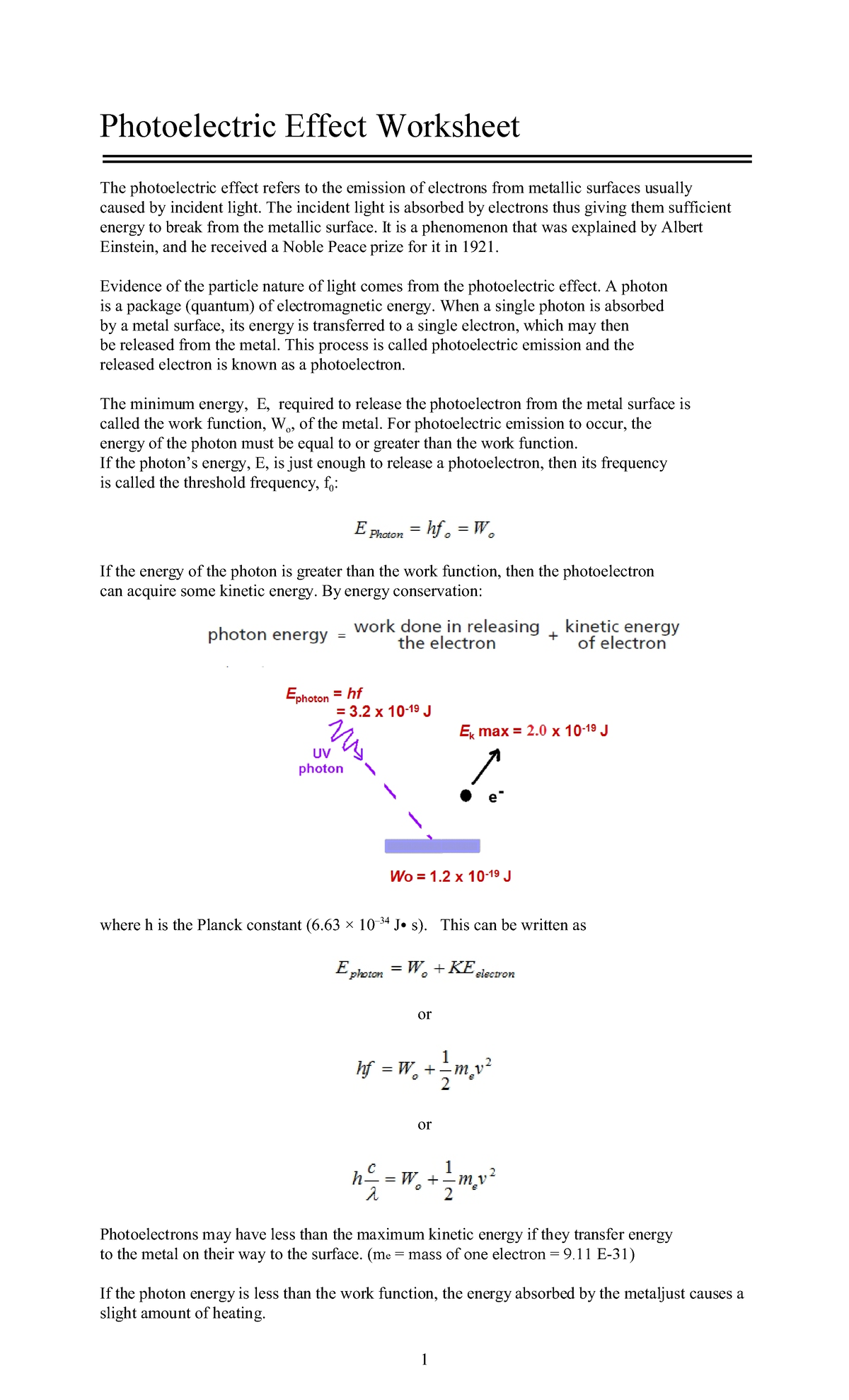 Photoelectric effect worksheet - Photoelectric Effect Worksheet The ...