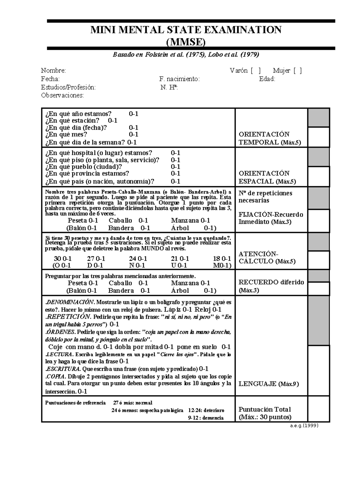 MINI Mental adolescentes - MINI MENTAL STATE EXAMINATION (MMSE) Basado ...