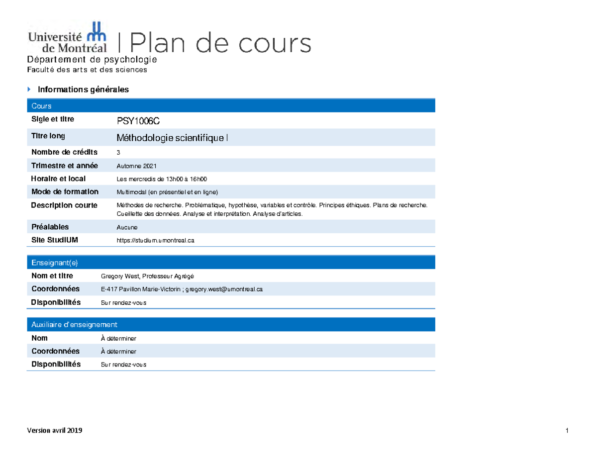 PSY1006 C - Plan de cours 2021. - PSY1006 - UdeM - Studocu