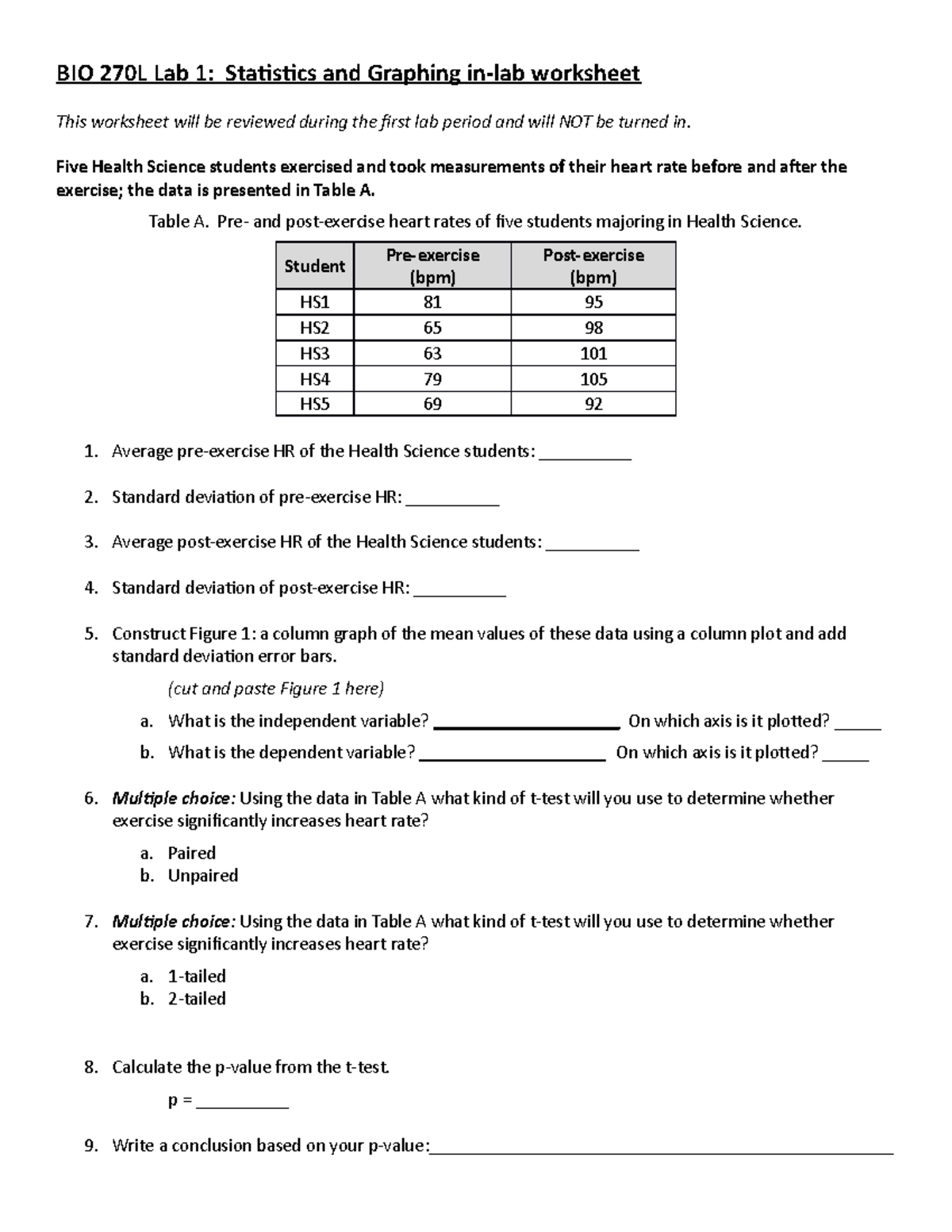 Lab 1 Statistics and Graphing in-lab worksheet - BIO 270L Lab 1: Statistics and Graphing in-lab ...