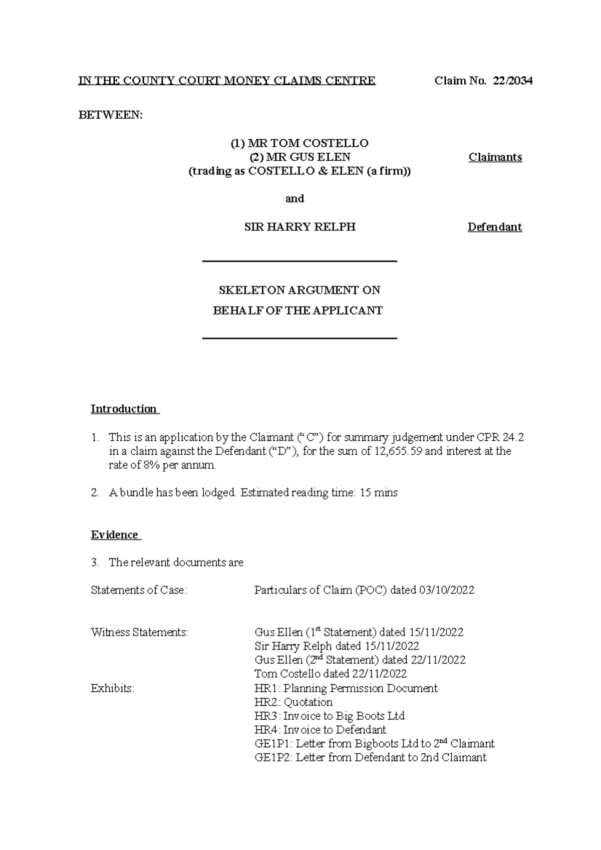 Script - civil advocacy - IN THE COUNTY COURT MONEY CLAIMS CENTRE Claim ...