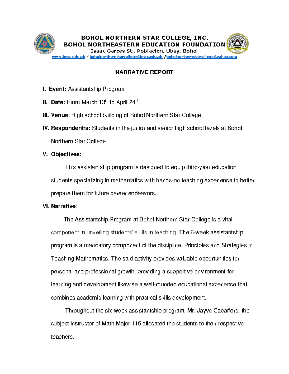 Narrative Report MATH Major 115 Final - BOHOL NORTHERN STAR COLLEGE ...