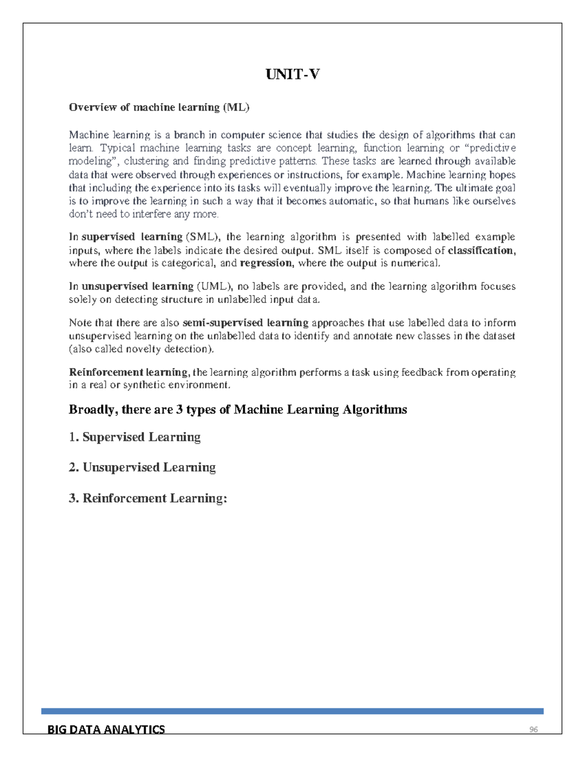 Introduction To Data Analytics With R Unit V Overview Of Machine Learning Ml Machine