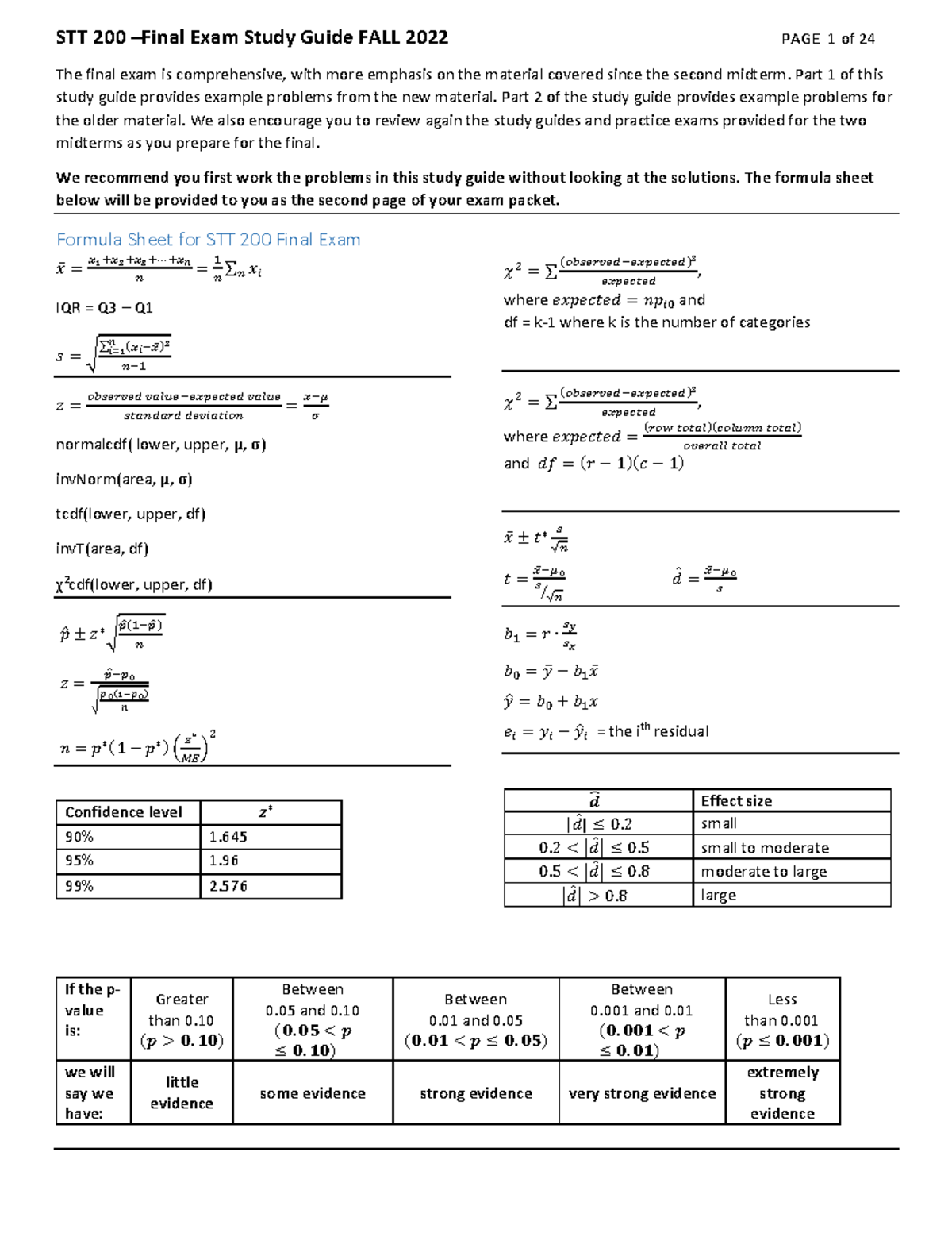 STT200 Final Exam Study Guide FS22 - STT 200 – Final Exam Study Guide FALL 2022 PAGE 1 of 24 The ...