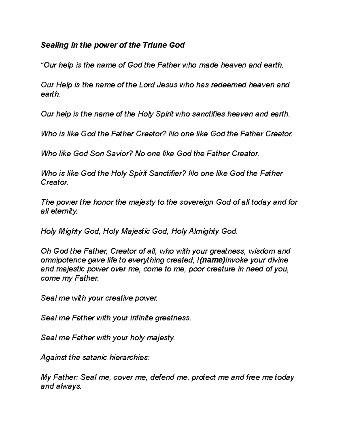 Sealing in the power of the Triune God - Our Help is the name of the ...