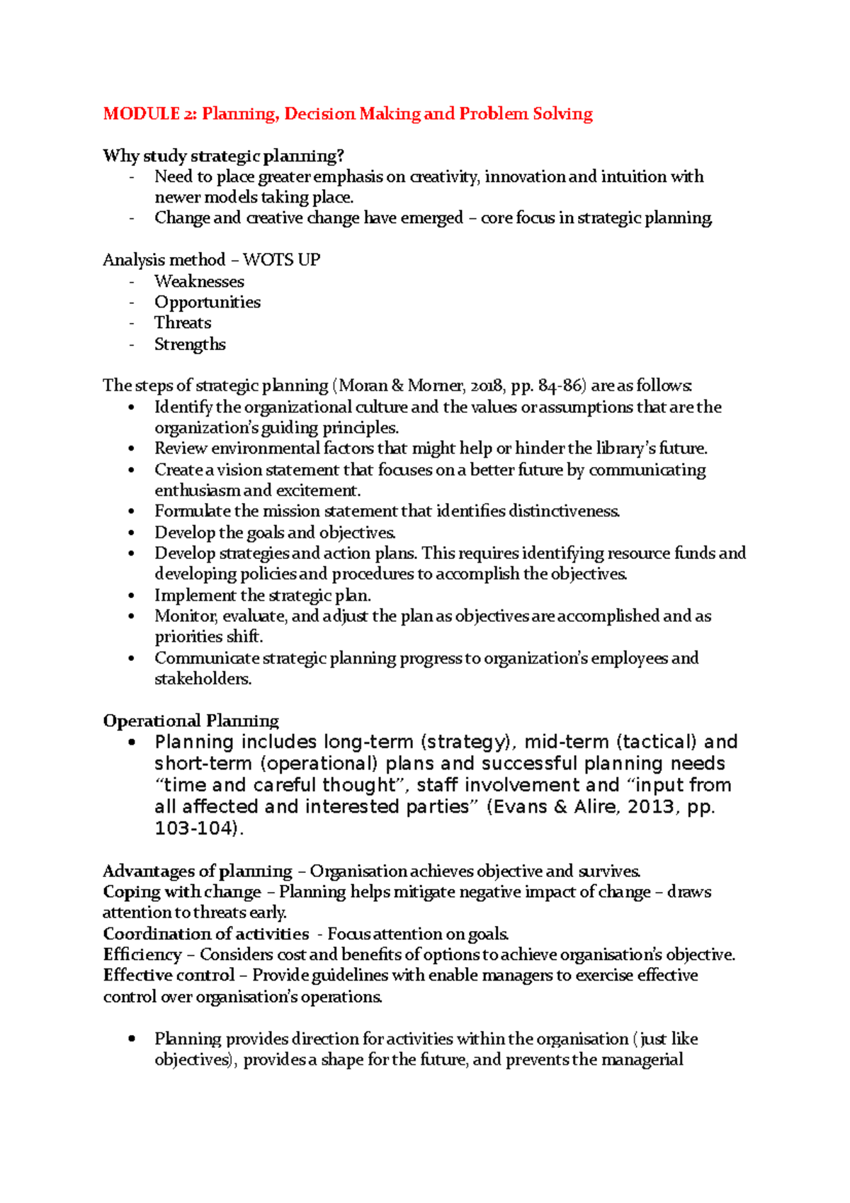 Module 2 - Planning, Decision Making and Problem Solving - MODULE 2: Planning, Decision Making ...