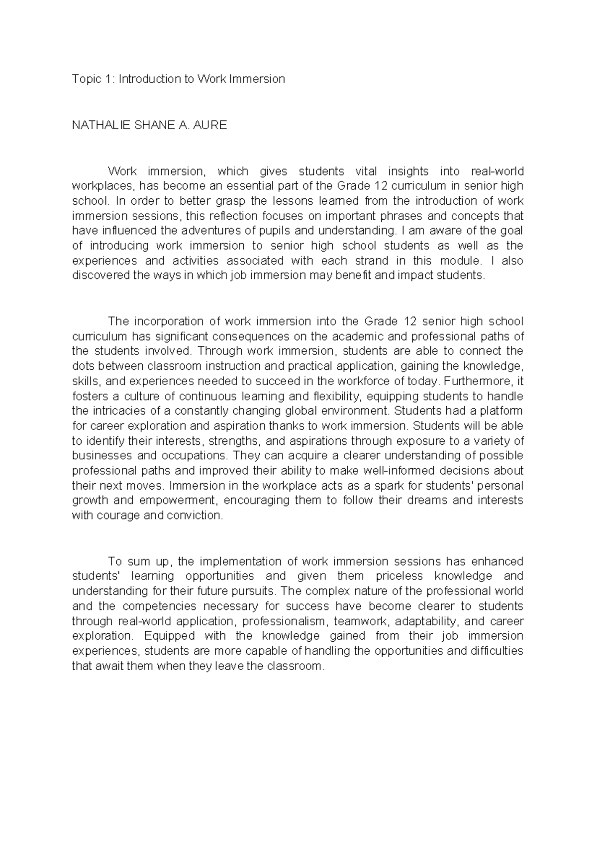 Topic 1 - english - Topic 1: Introduction to Work Immersion NATHALIE ...